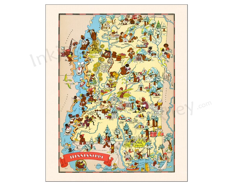 Fun State Map of Mississippi vintage Pictorial Cartoon Print - Etsy