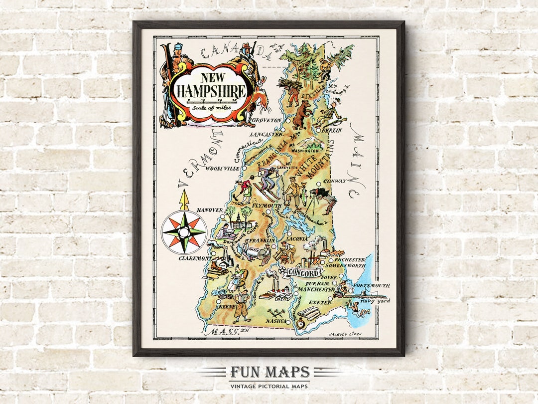 Fun State Map of New Hampshire – Vintage Pictorial Whimsical Cartoon ...