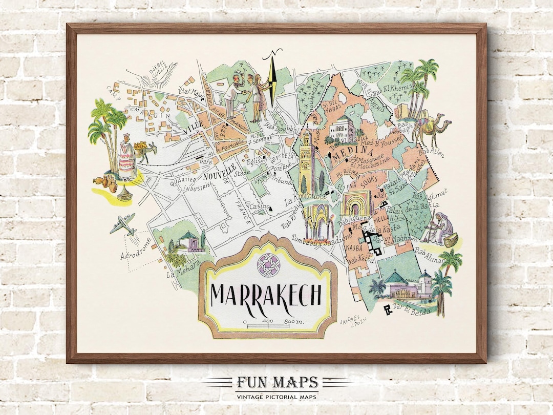 Fun Map of Marrakesh North Africa Vintage Pictorial Whimsical Cartoon ...