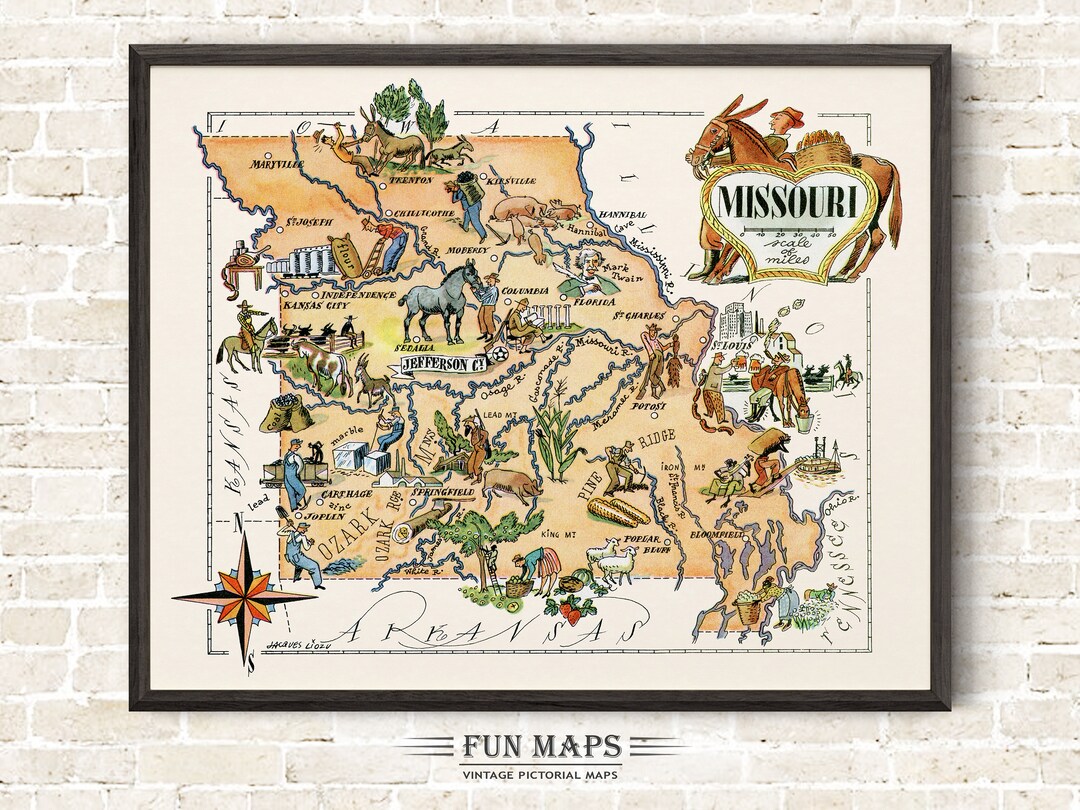 Fun State Map of Missouri – Vintage Pictorial Whimsical Cartoon Print ...