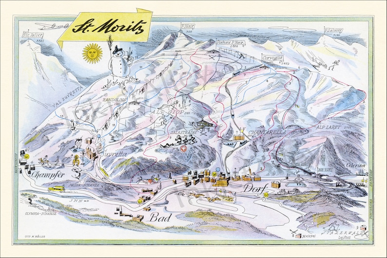 Fun Ski Run Trail Map of St Moritz in the Swiss Alps - Etsy