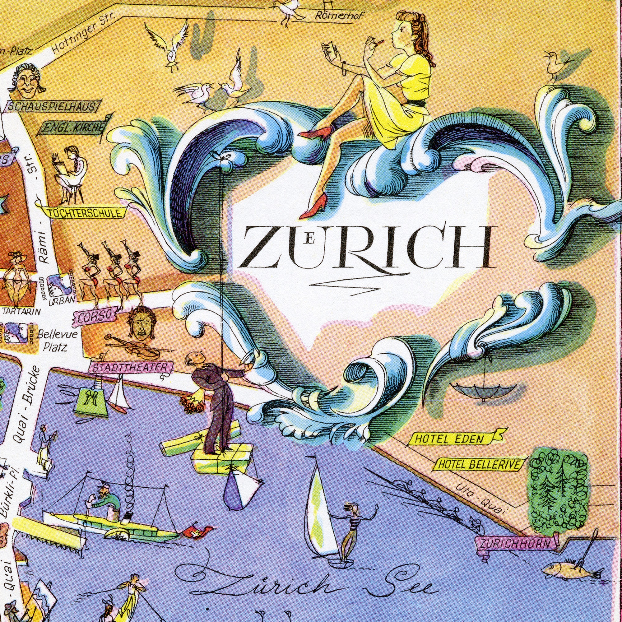 Fun Street Map of Zurich in Switzerland - Vintage Pictorial Whimsical ...
