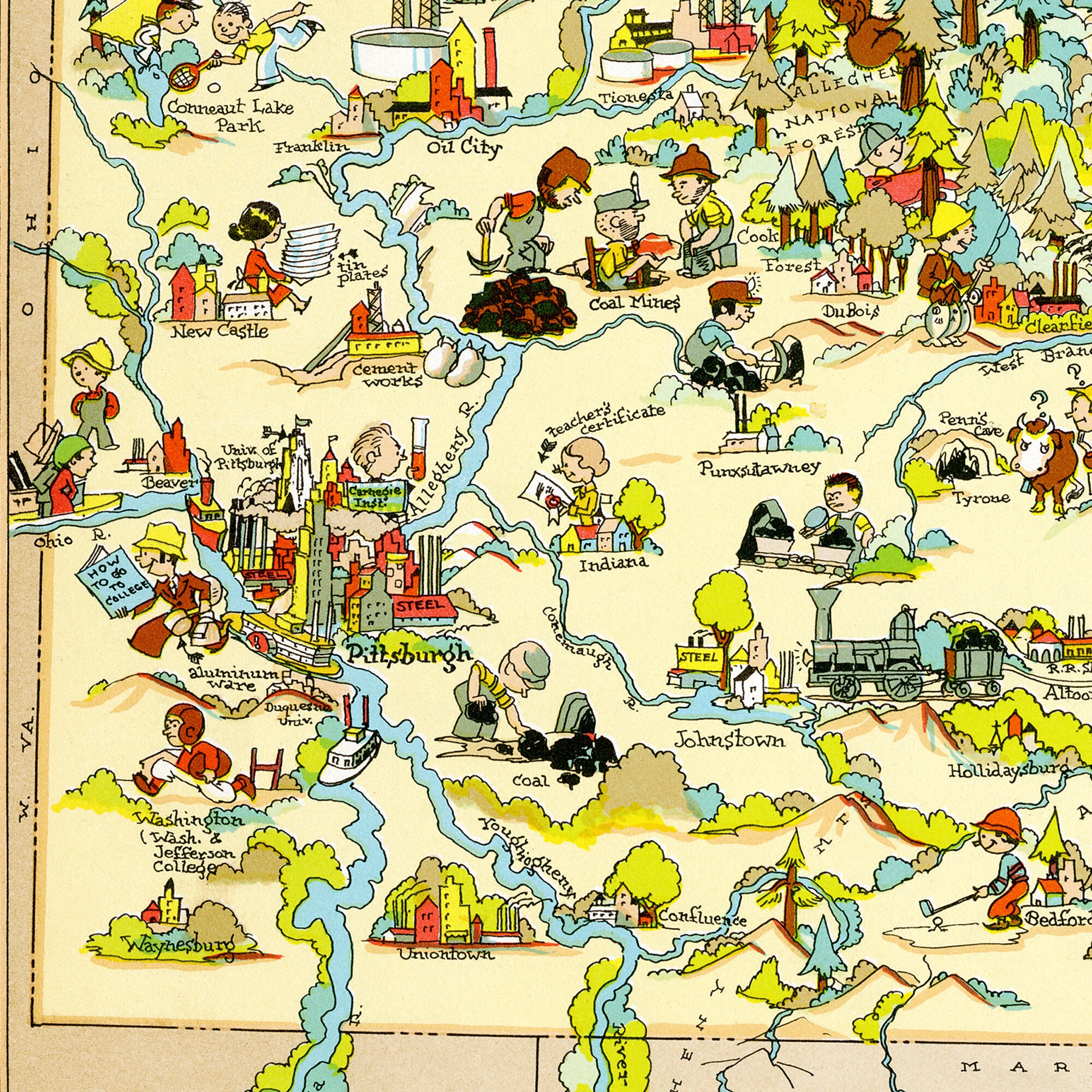 Fun State Map of Pennsylvania - Vintage Pictorial Whimsical Cartoon ...