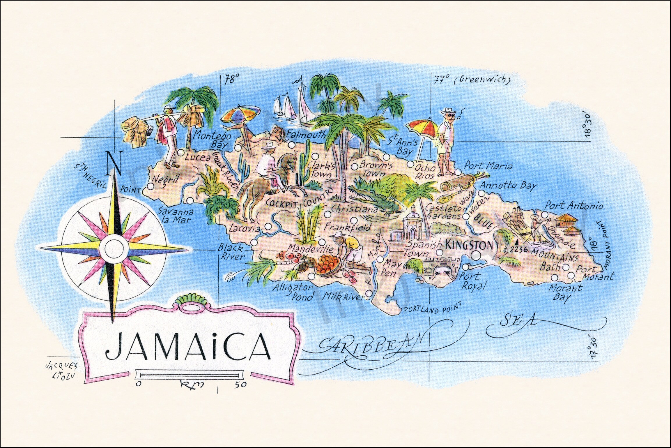 Fun Map of Jamaica in the Caribbean – Vintage Pictorial Whimsical ...