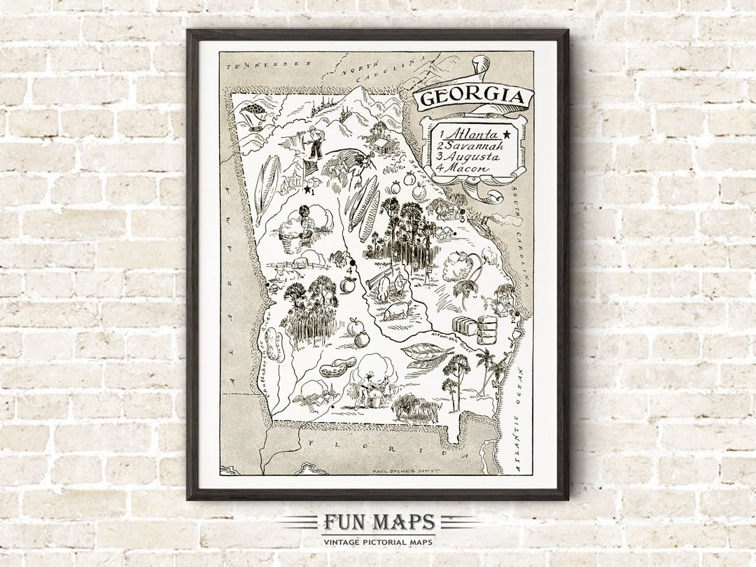 Vintage State Map of Georgia – Fun Pictorial Whimsical Cartoon Print ...