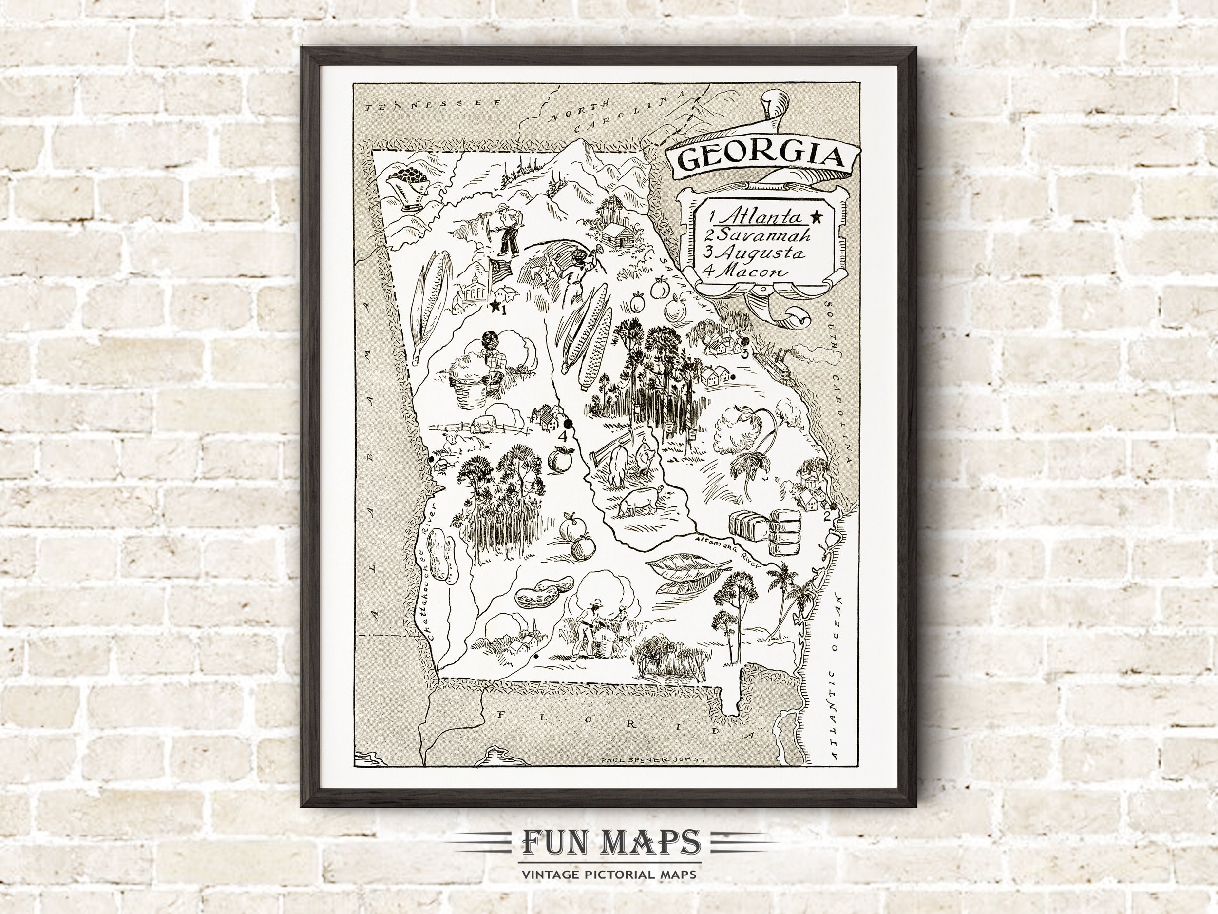 Vintage State Map of Georgia Fun Pictorial Whimsical Cartoon Print ...