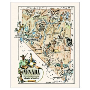 Fun State Map of Nevada – Vintage Pictorial Whimsical Cartoon Print ...