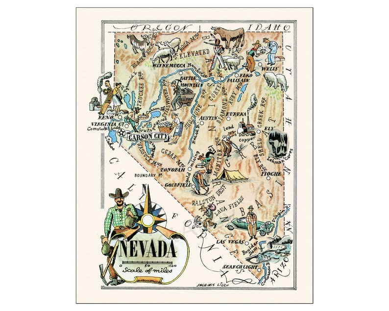 Fun State Map of Nevada Vintage Pictorial Whimsical Cartoon Print ...