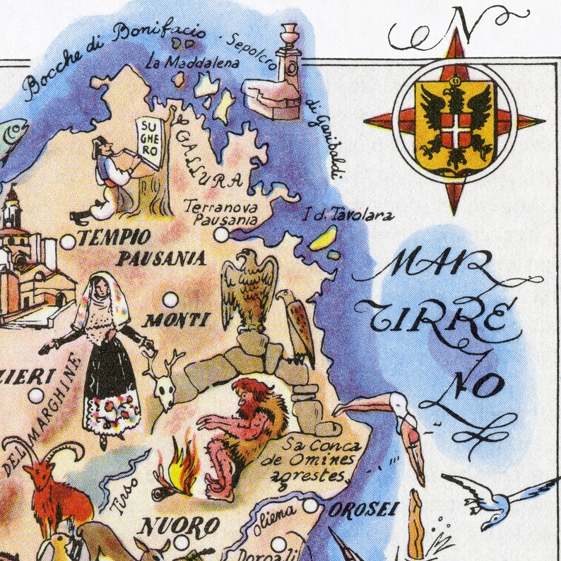 Fun Map of Sardinia in Italy Vintage Pictorial Whimsical Cartoon Old ...