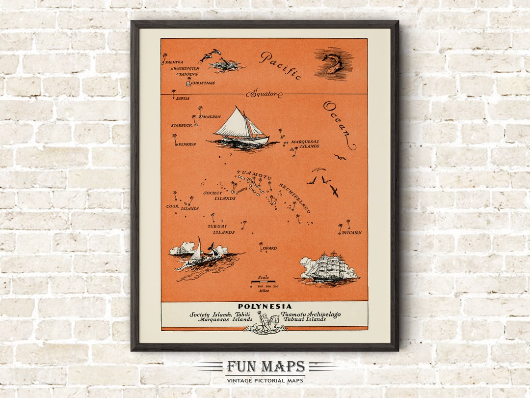 Map of Islands in Polynesia – Fun Vintage Pictorial Animated Cartoon ...