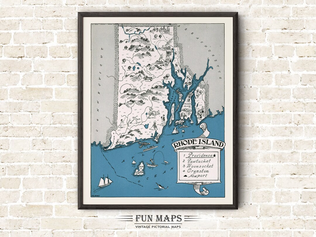 Fun Map of Rhode Island – Vintage Pictorial Whimsical Cartoon Print ...