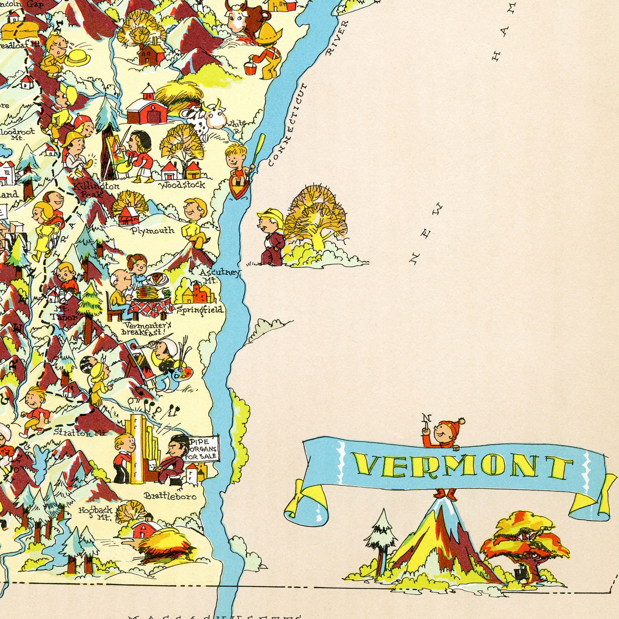 Fun State Map of Vermont – Vintage Pictorial Whimsical Cartoon Print ...