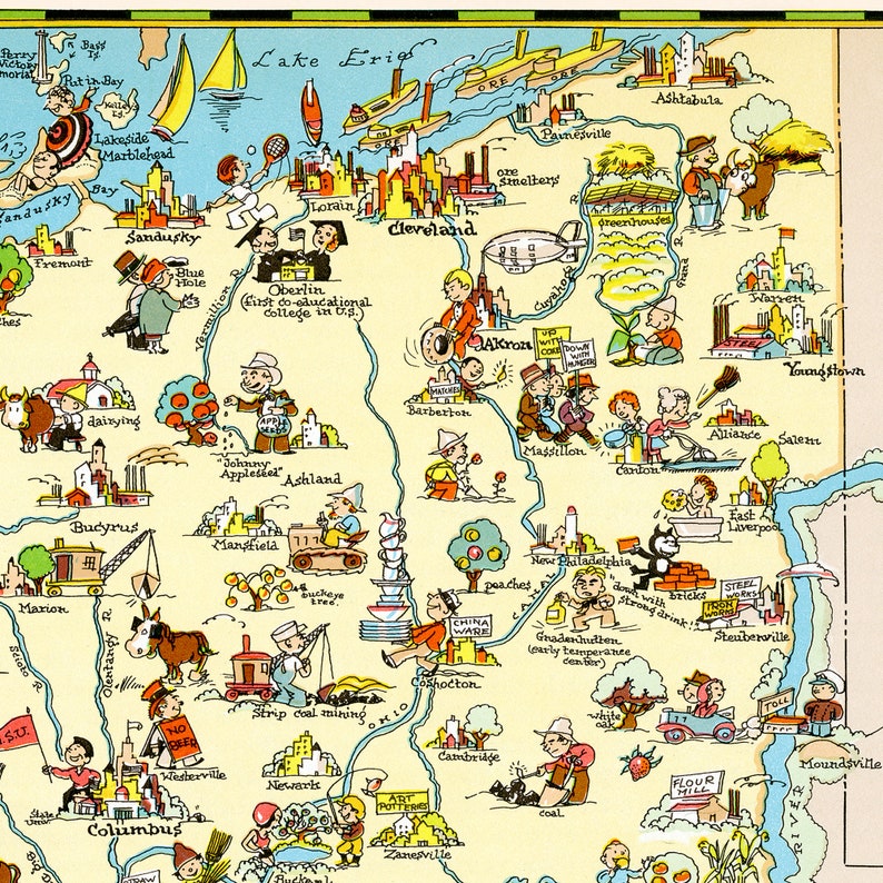 Fun State Map of Ohio – Vintage Pictorial Whimsical Cartoon Print ...