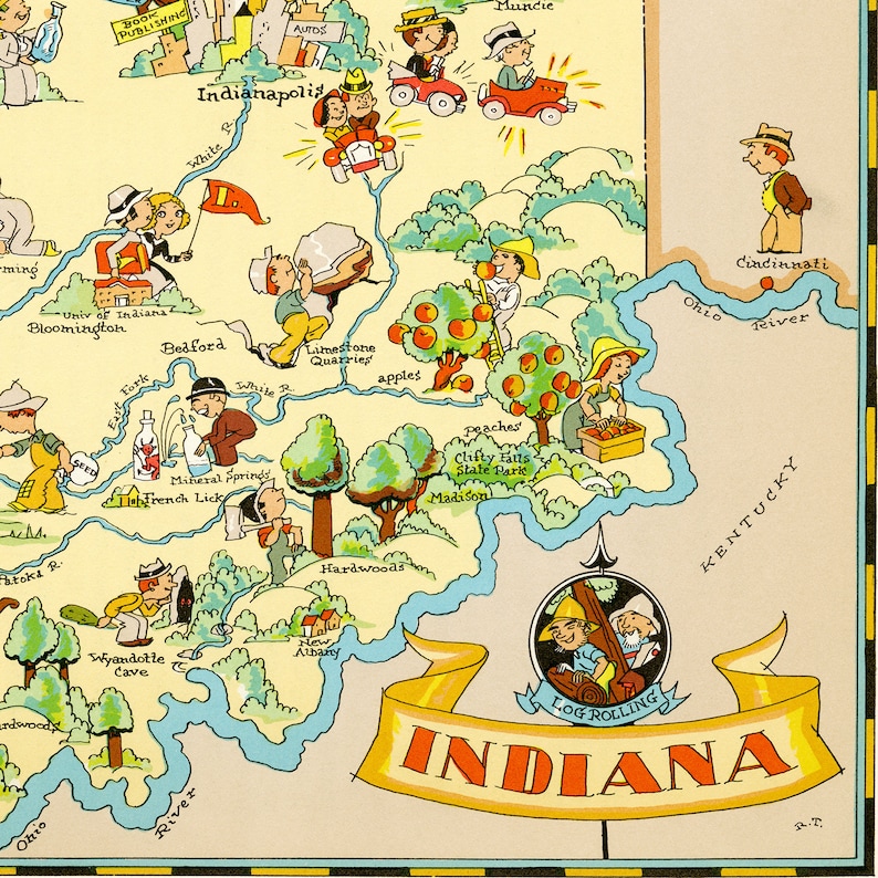 Fun State Map of Indiana Vintage Pictorial Whimsical Cartoon - Etsy