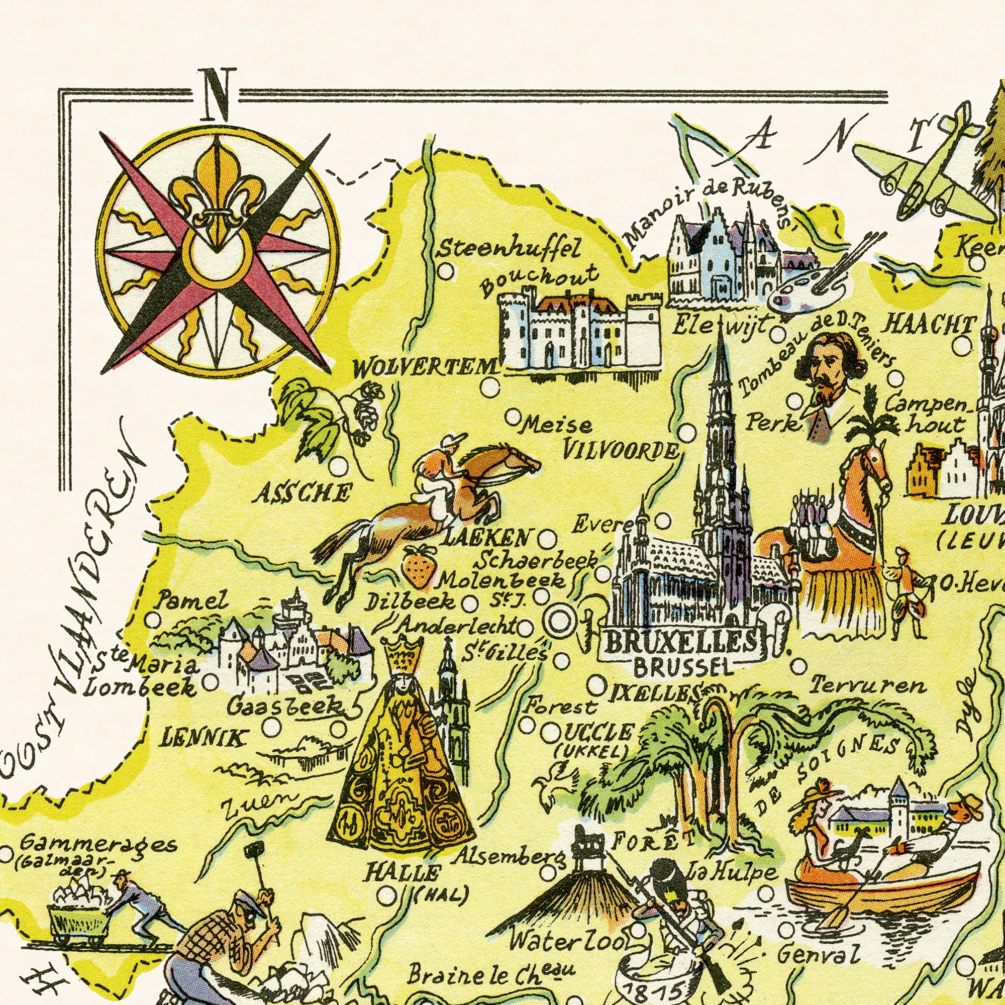 Fun Map of Brabant in Belgium Vintage Pictorial Whimsical Cartoon Print ...
