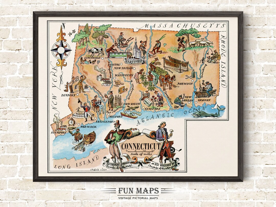 Fun State Map of Connecticut – Vintage Pictorial Whimsical Cartoon ...