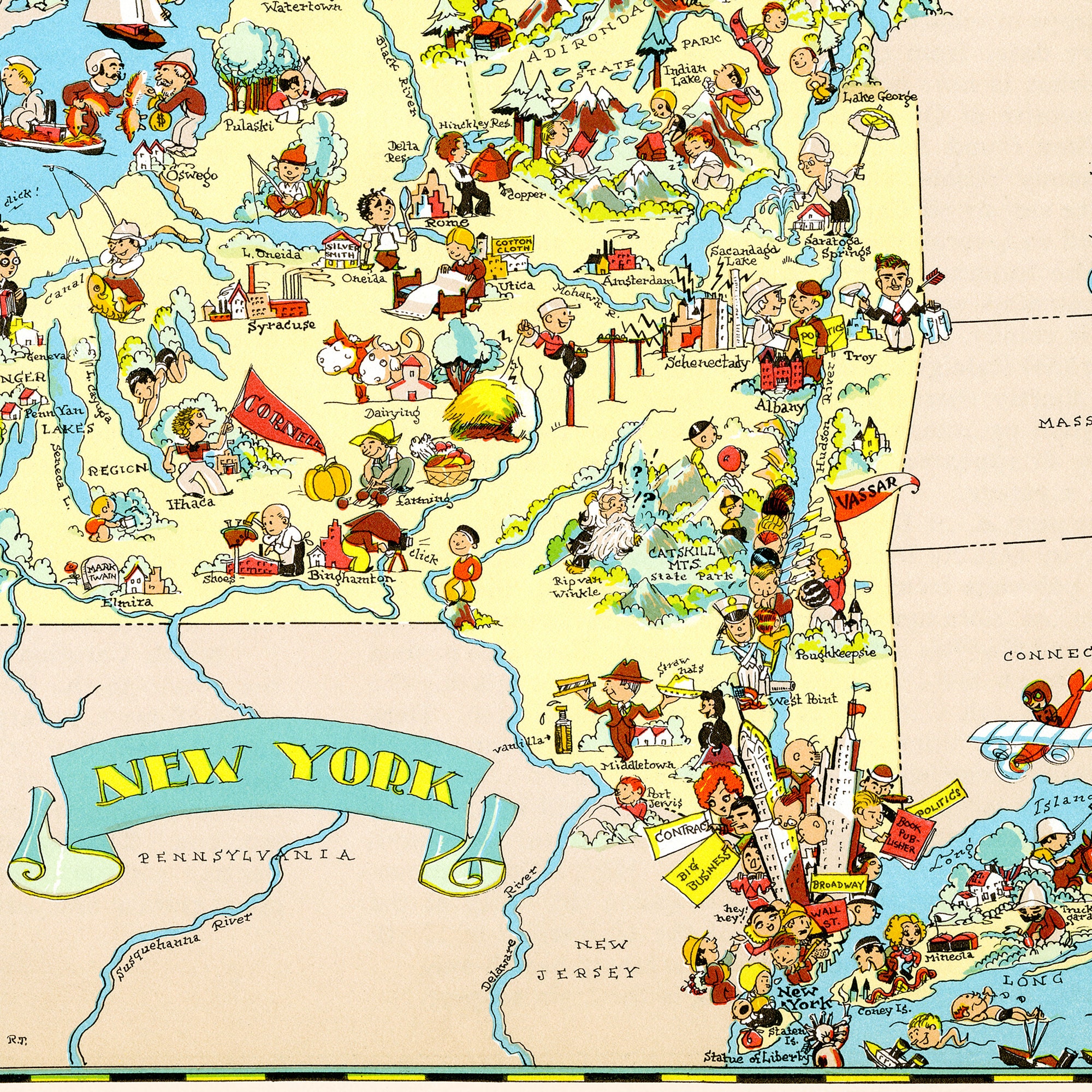 Fun State Map of New York Vintage Pictorial Whimsical Cartoon Print ...