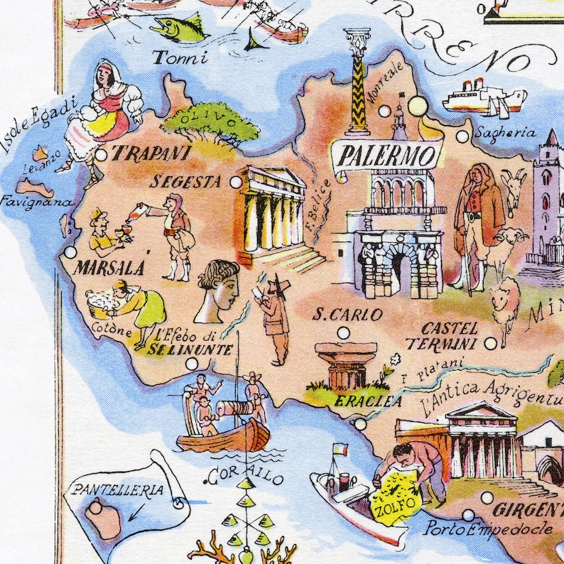 Fun Map of Sicily in Italy Vintage Pictorial Whimsical Cartoon Old ...