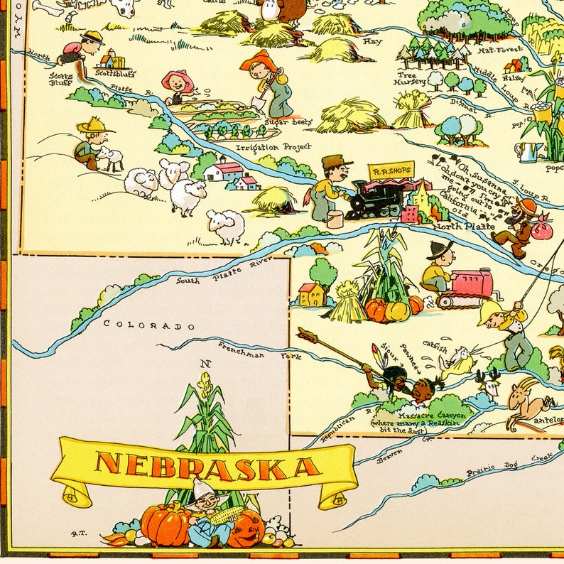Fun State Map of Nebraska – Vintage Pictorial Whimsical Cartoon Print ...