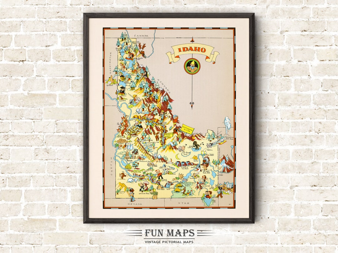 Fun State Map of Idaho – Vintage Pictorial Whimsical Cartoon Print ...