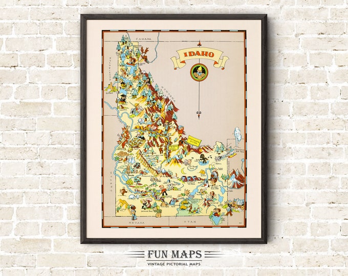 Fun State Map of Idaho – Vintage Pictorial Whimsical Cartoon Print ...