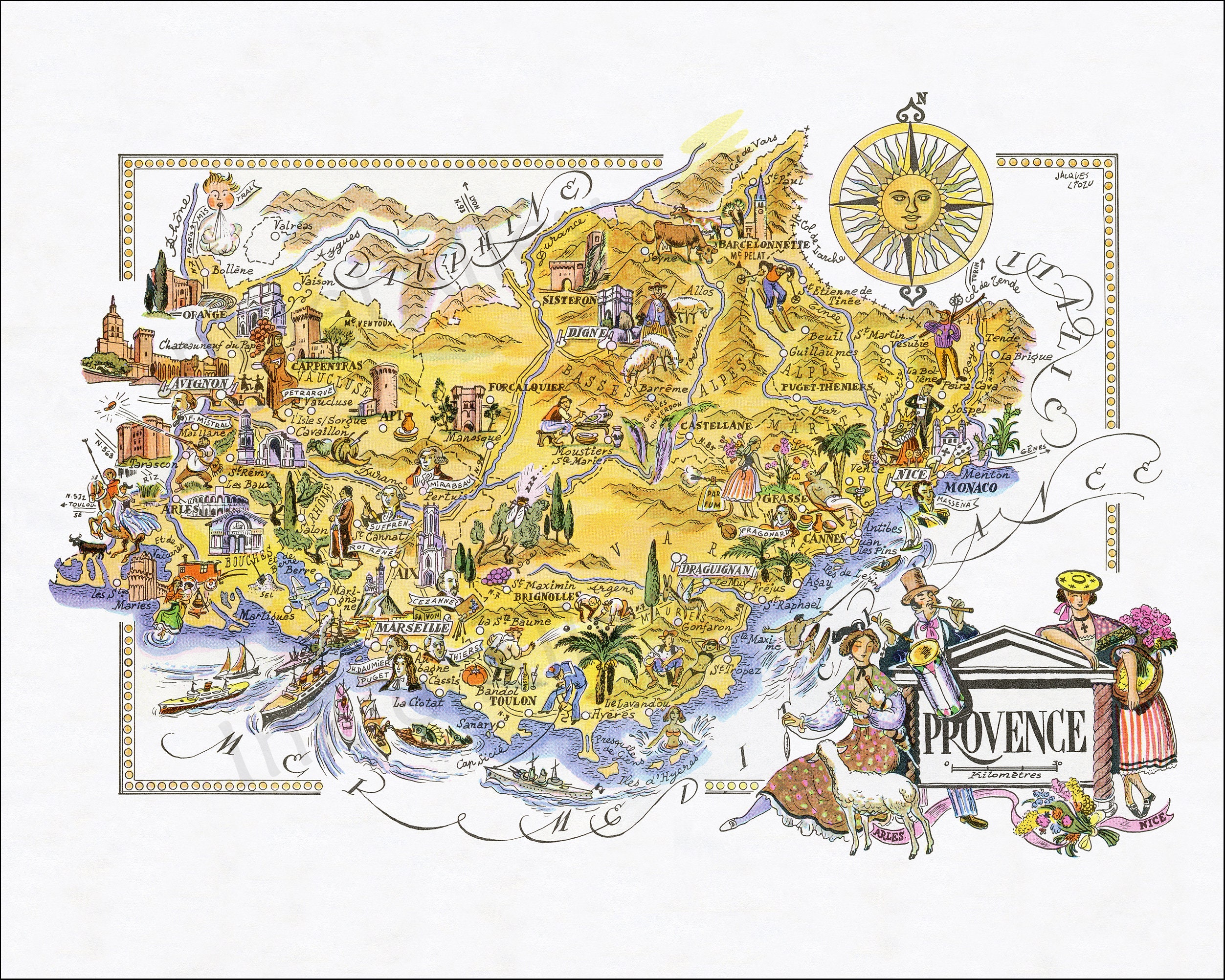 Fun Map of Provence a French Province, France, FR Vintage Pictorial ...