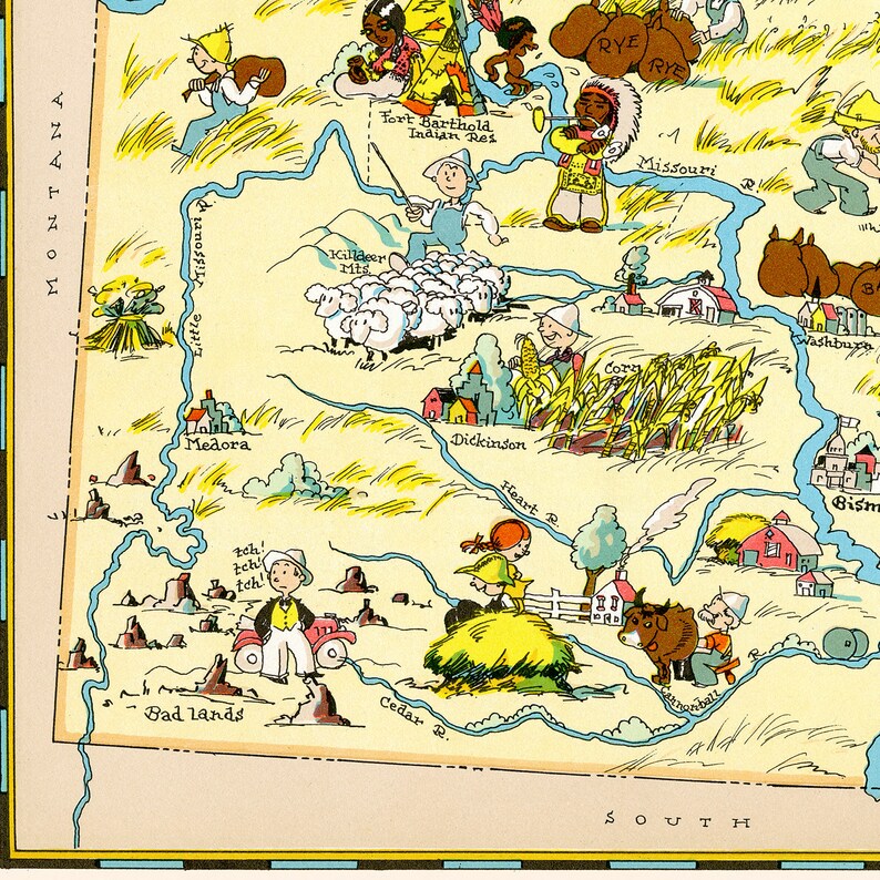 Fun State Map of North Dakota Vintage Pictorial Whimsical Cartoon Print ...