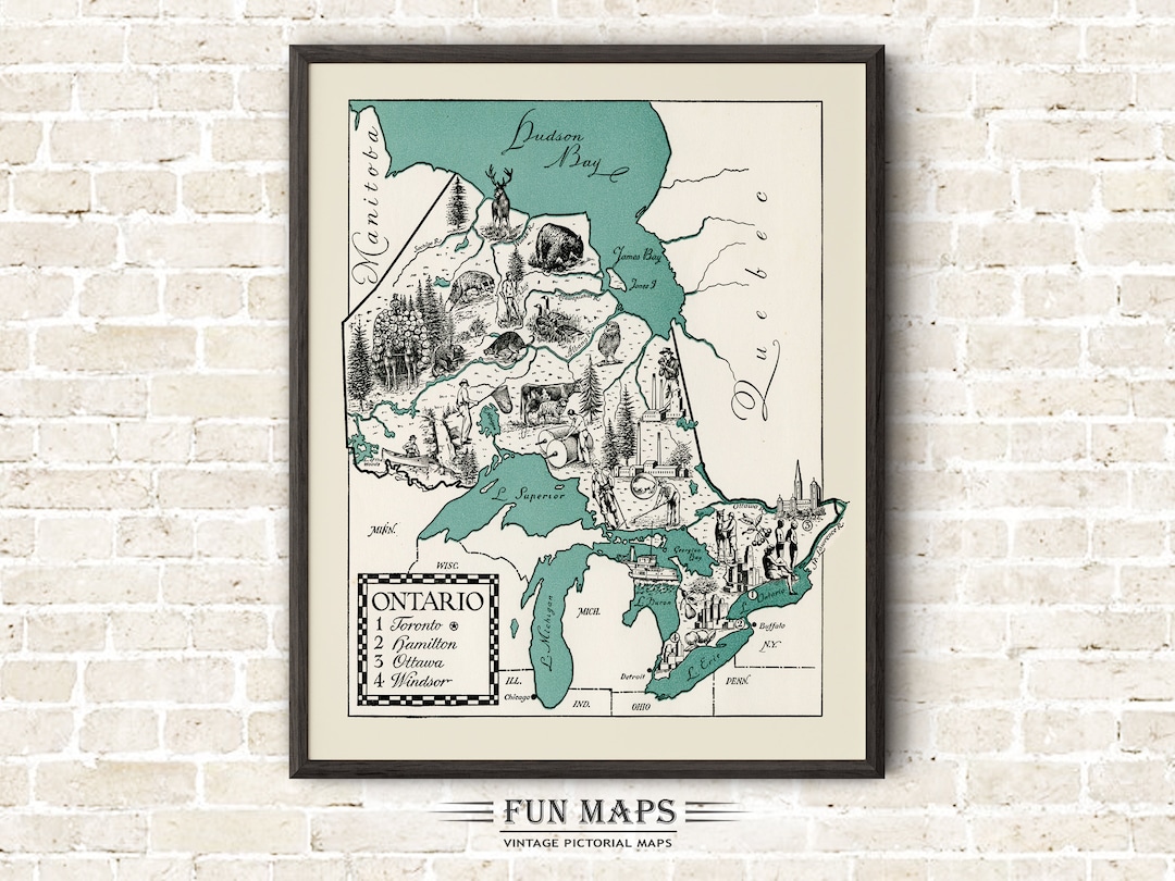 Map of Ontario, Canada – Fun Vintage Pictorial Whimsical Cartoon Old ...