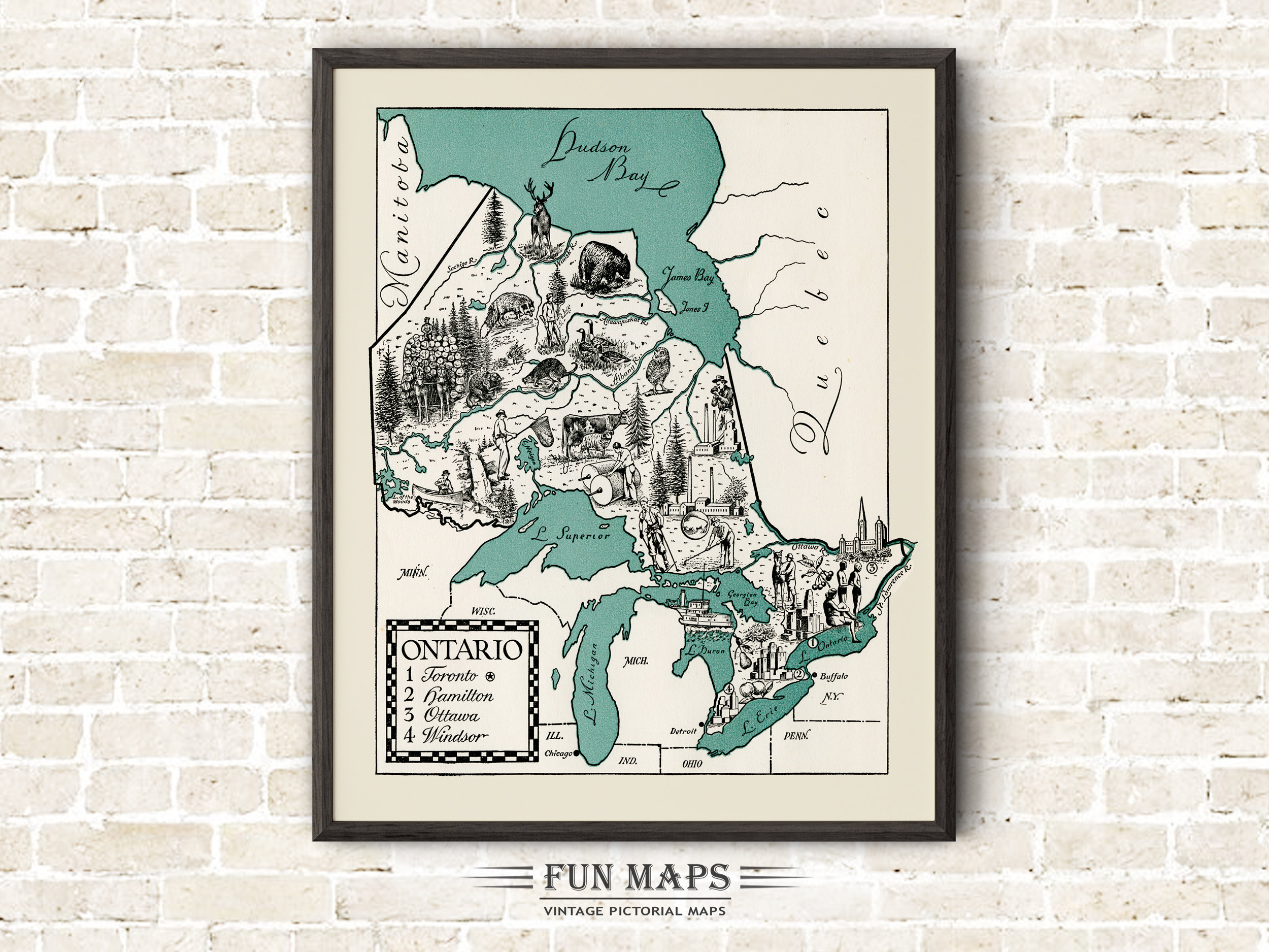 Map of Ontario, Canada – Fun Vintage Pictorial Whimsical Cartoon Old ...