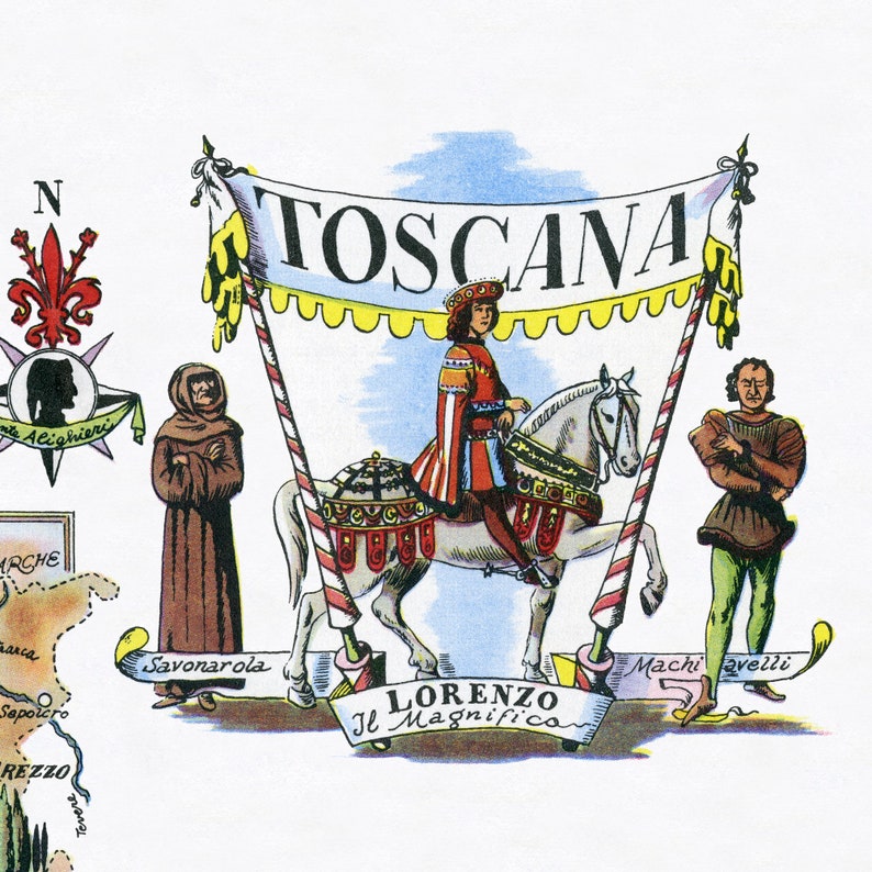 Fun Map of Tuscany in Italy Vintage Pictorial Whimsical Cartoon Old ...