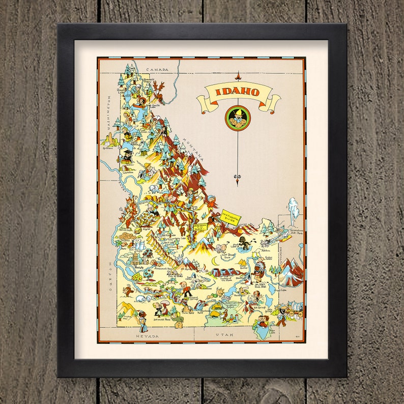 Fun State Map of Idaho – Vintage Pictorial Whimsical Cartoon Print ...