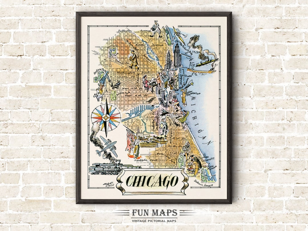 Fun Map of Chicago Illinois - Vintage Pictorial Whimsical Cartoon Print ...