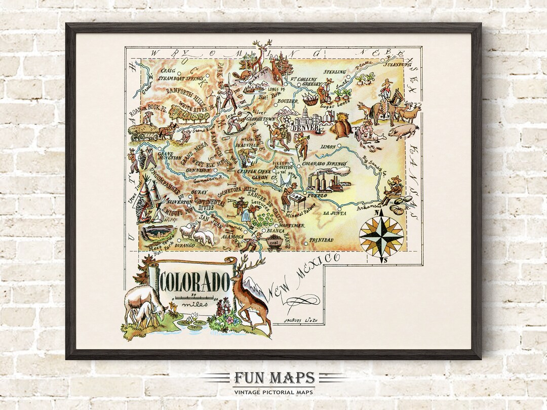 Fun State Map of Colorado – Vintage Pictorial Whimsical Cartoon Print ...