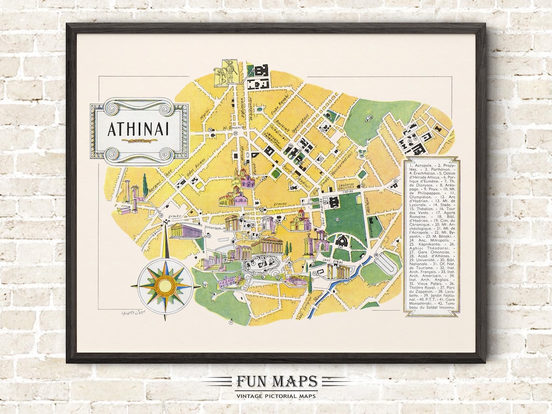 Fun Map of Athens in Greece Vintage Pictorial Whimsical Cartoon Old ...