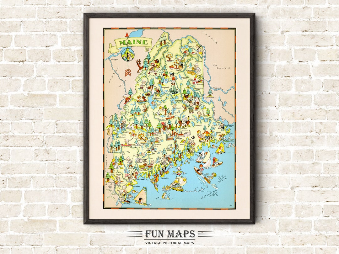 Fun State Map of Maine – Vintage Pictorial Whimsical Cartoon Print ...