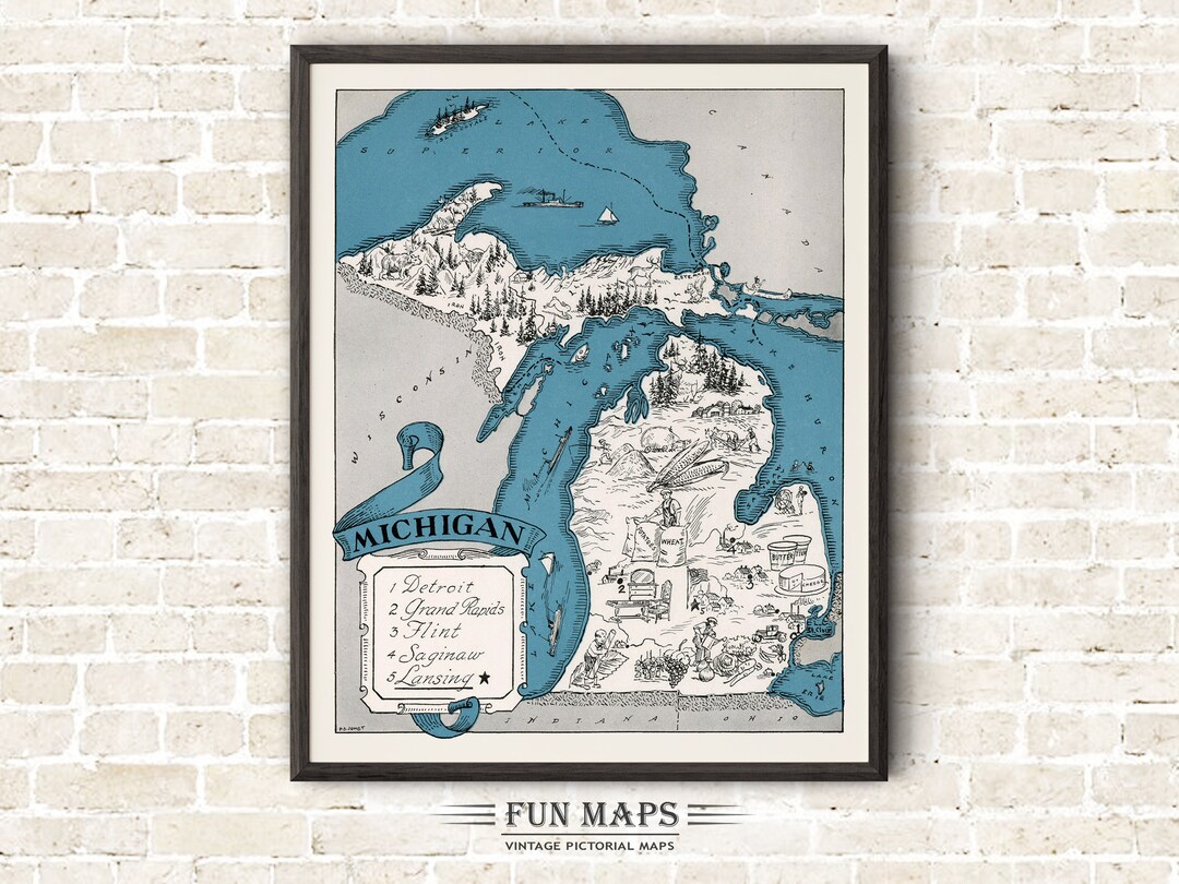 Fun Map of Michigan – Vintage Pictorial Whimsical Cartoon Print ...