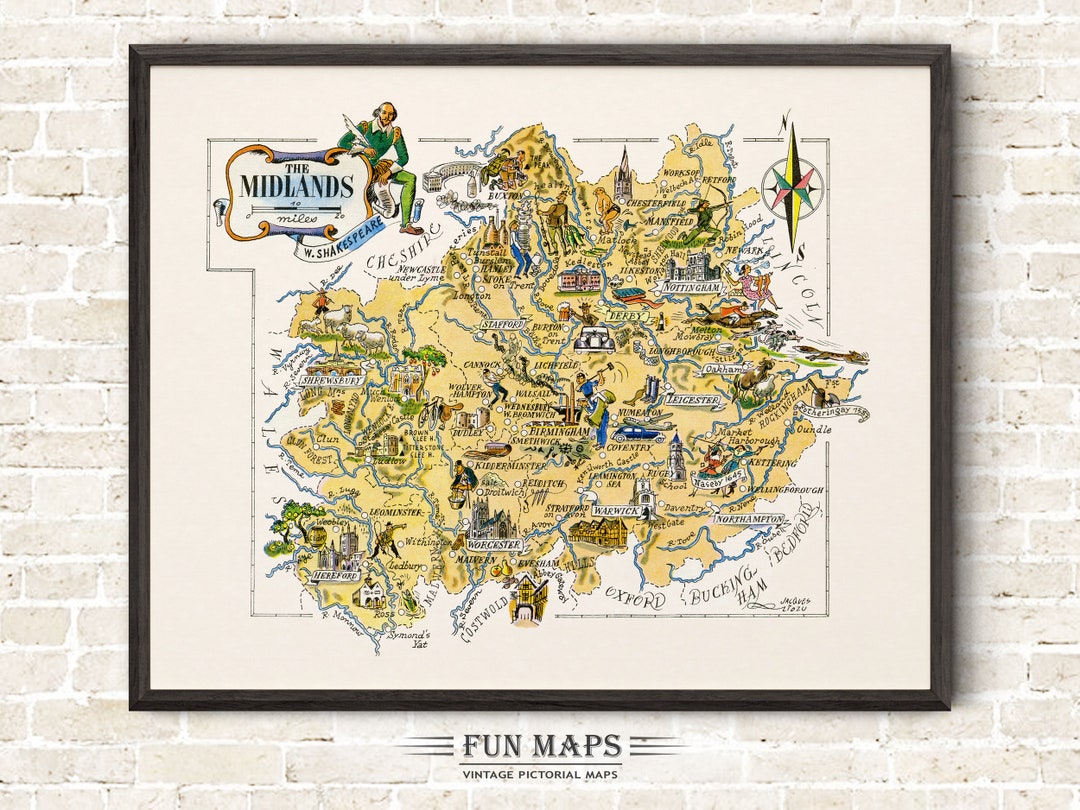 Fun Map of the Midlands in Great Britain, England, UK, Vintage ...