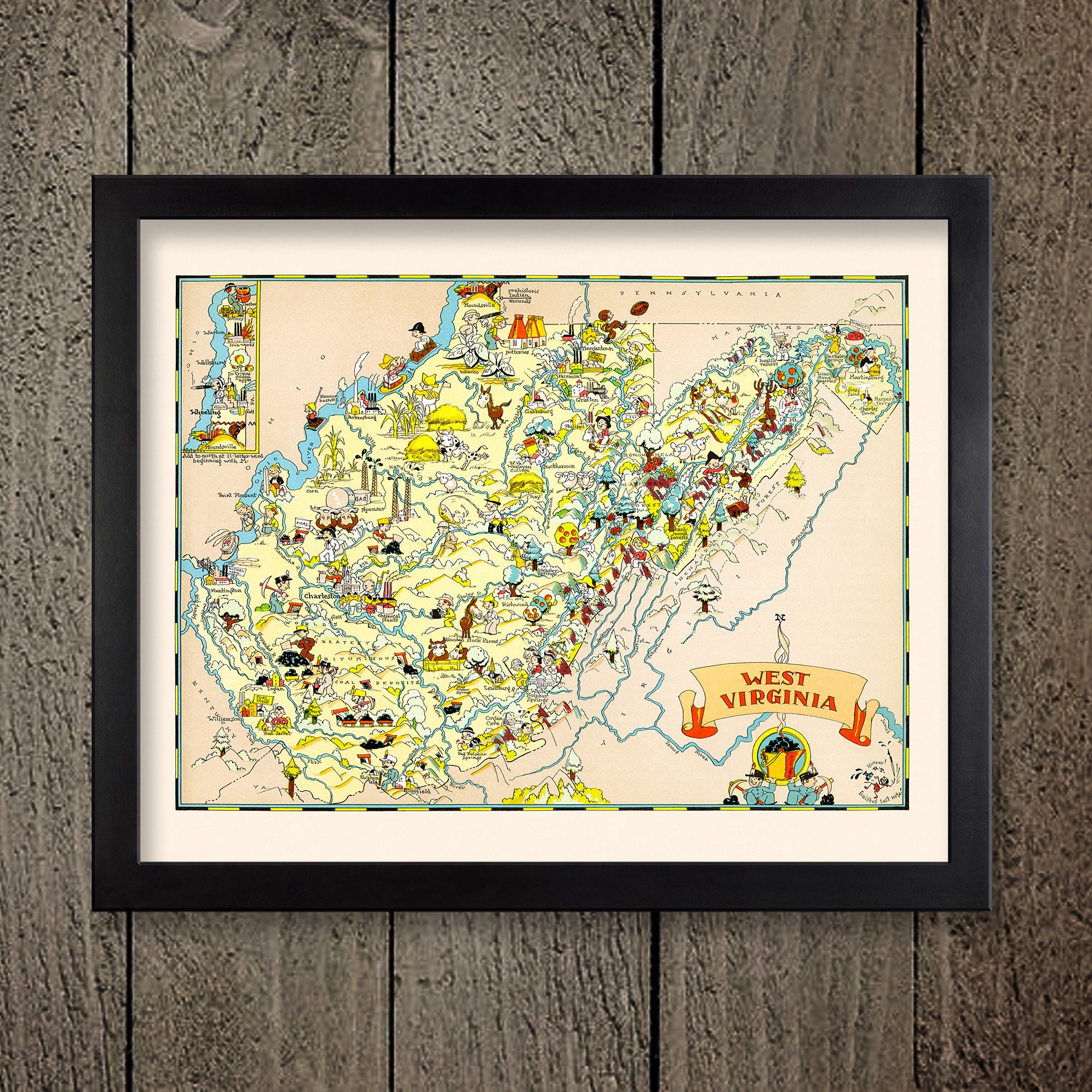 Fun State Map of West Virginia Vintage Pictorial Whimsical Cartoon Print Illustration From 1930s ...