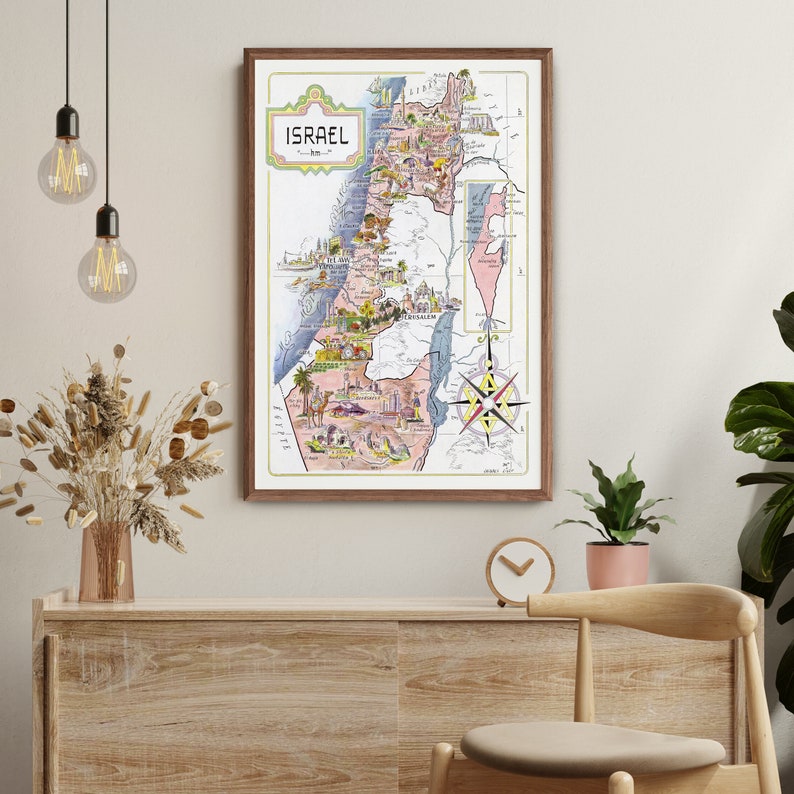 Old Map of Israel in the Middle East, Vintage Pictorial Cartoon Print ...