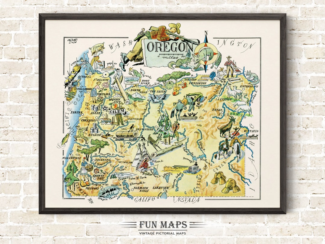 Fun State Map of Oregon – Vintage Pictorial Whimsical Cartoon Print ...