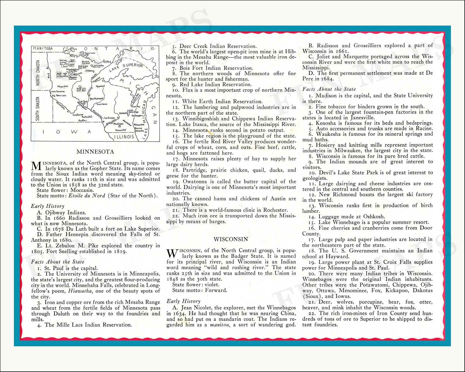 Vintage State Map of Minnesota & Wisconsin – Pictorial Whimsical Print ...