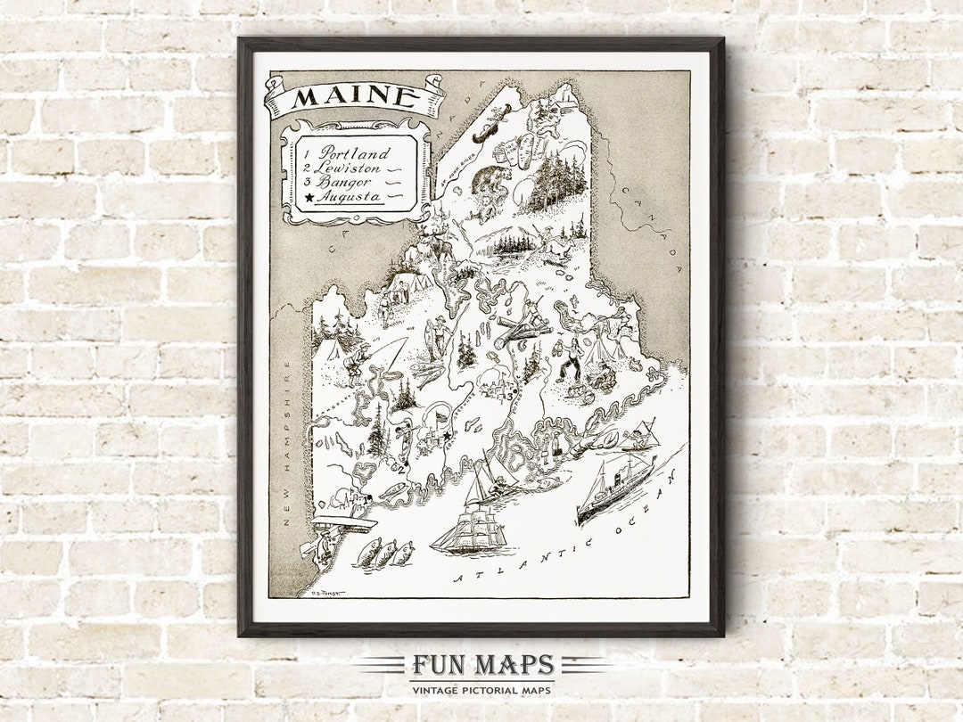 Vintage State Map of Maine – Fun Pictorial Whimsical Cartoon Print ...
