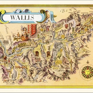 Fun Map of Wallis in Switzerland - Vintage Pictorial Whimsical Cartoon ...