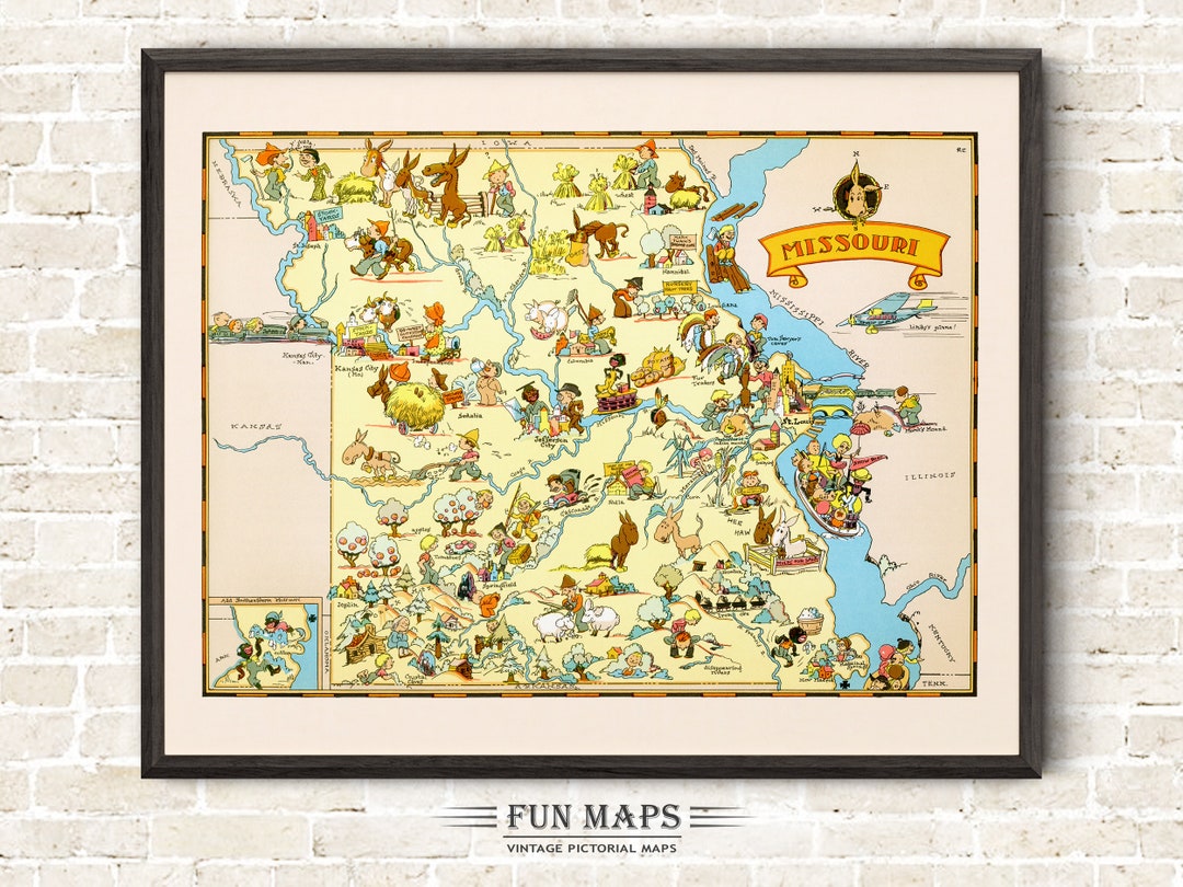 Fun State Map of Missouri – Vintage Pictorial Whimsical Cartoon Print ...