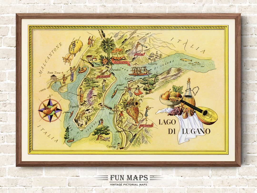 Fun Map of Lago Di Lugano in Switzerland - Vintage Pictorial Whimsical ...