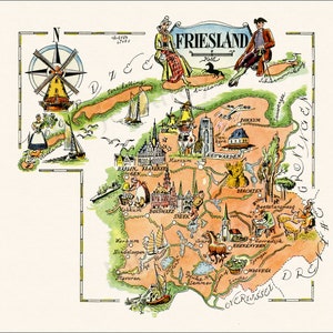 Fun Map of Friesland in the Netherlands, Vintage Pictorial Whimsical ...