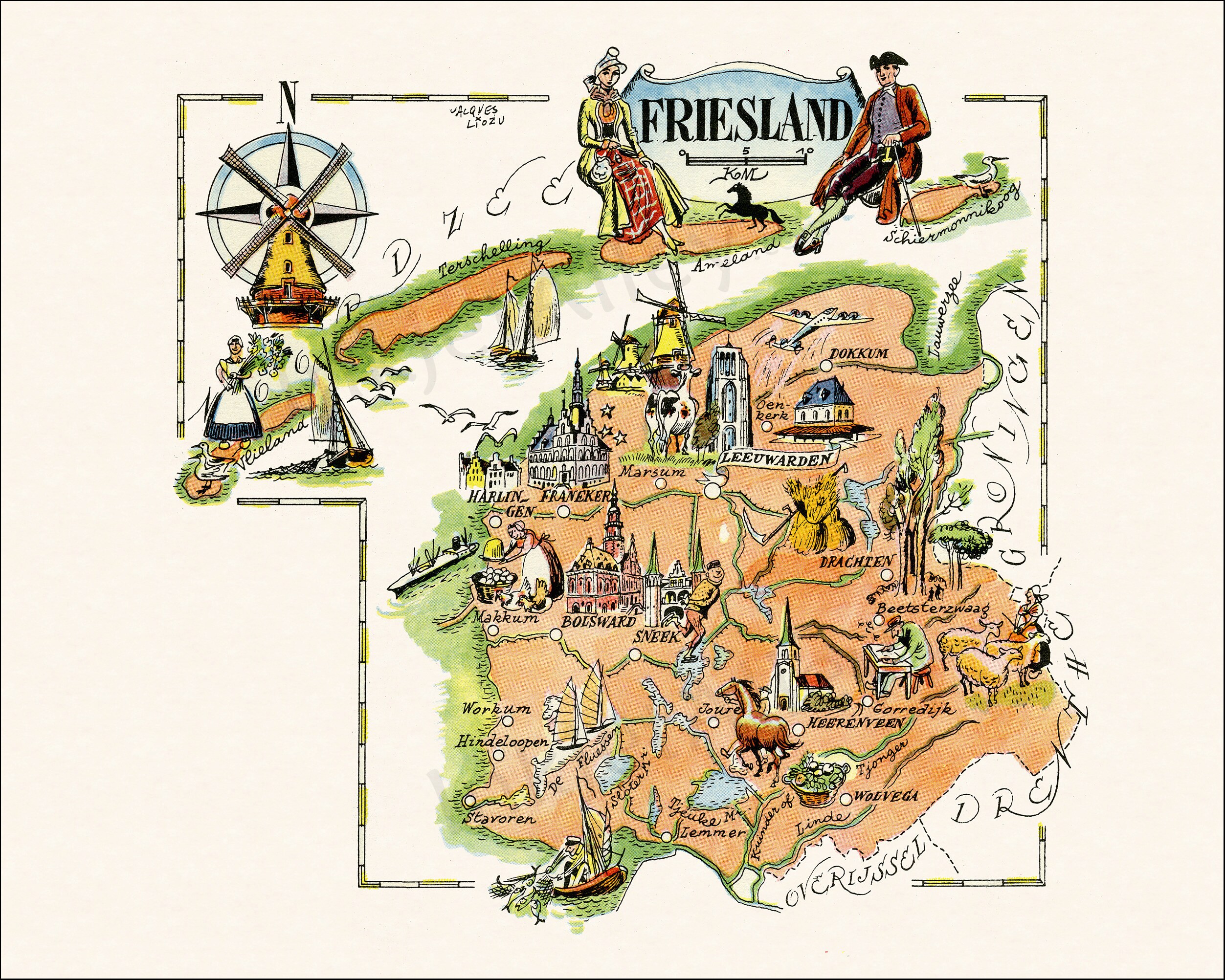 Fun Map of Friesland in the Netherlands Vintage Pictorial - Etsy