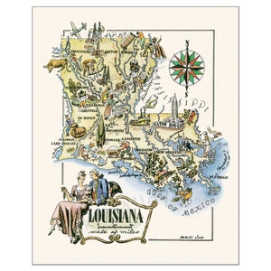 Fun State Map of Louisiana – Vintage Pictorial Whimsical Cartoon Print ...