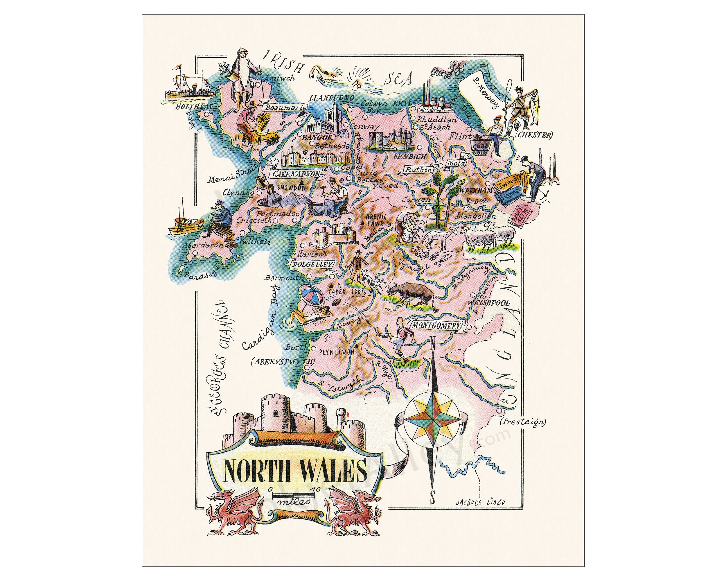 Fun Map of North Wales in Great Britain, England, UK, Vintage Pictorial ...