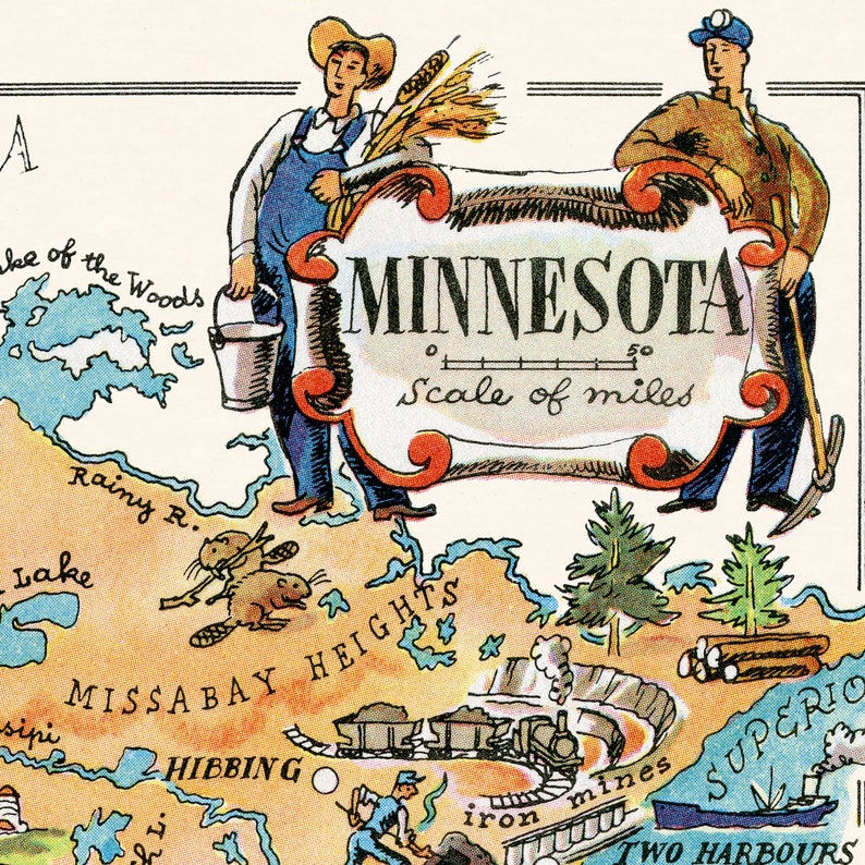 Fun State Map of Minnesota Vintage Pictorial Whimsical Cartoon Print ...